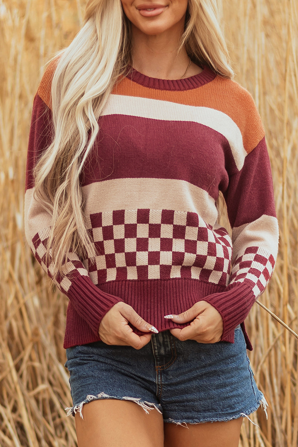 Checker Colorblock Knitted Drop Shoulder Sweater – Pretty Bash