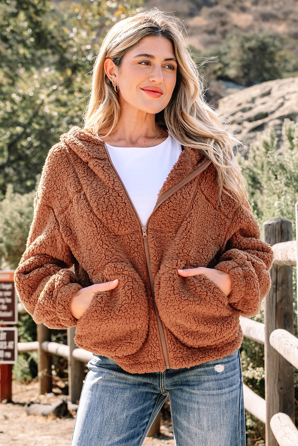 Solid Sherpa Fleece Zip Up Hooded Jacket – Pretty Bash